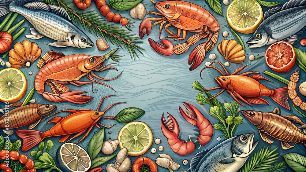 Seafood, premium quality vector illustration. Hand drawn line ...