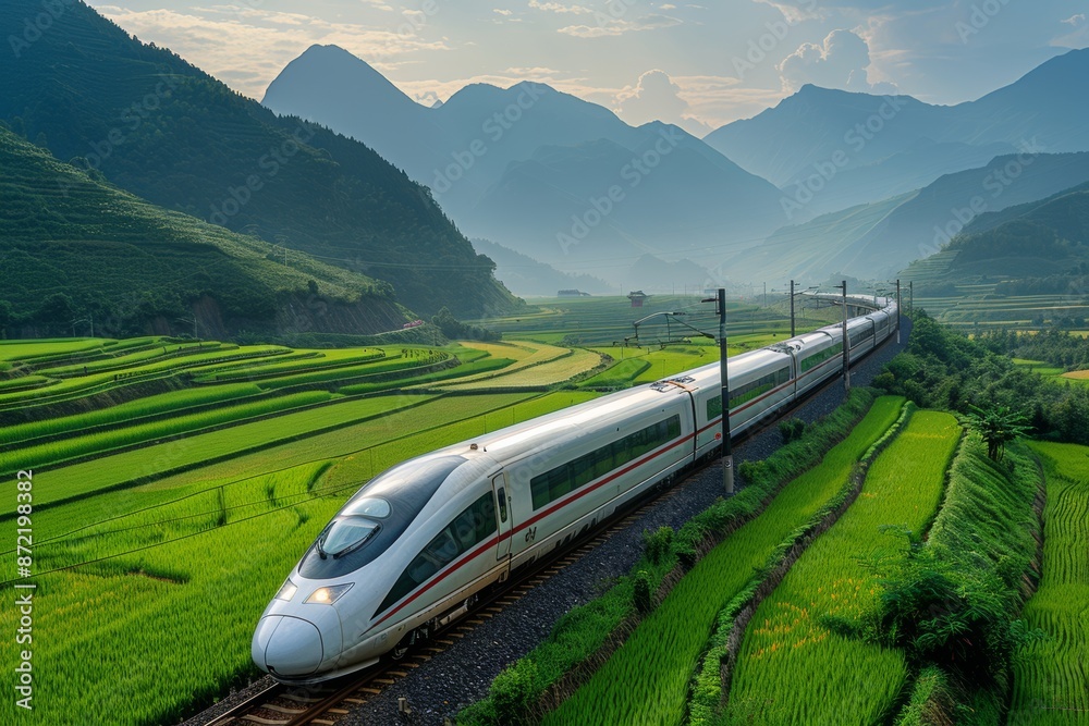 High-speed train passing through rice fields in southern China Stock ...