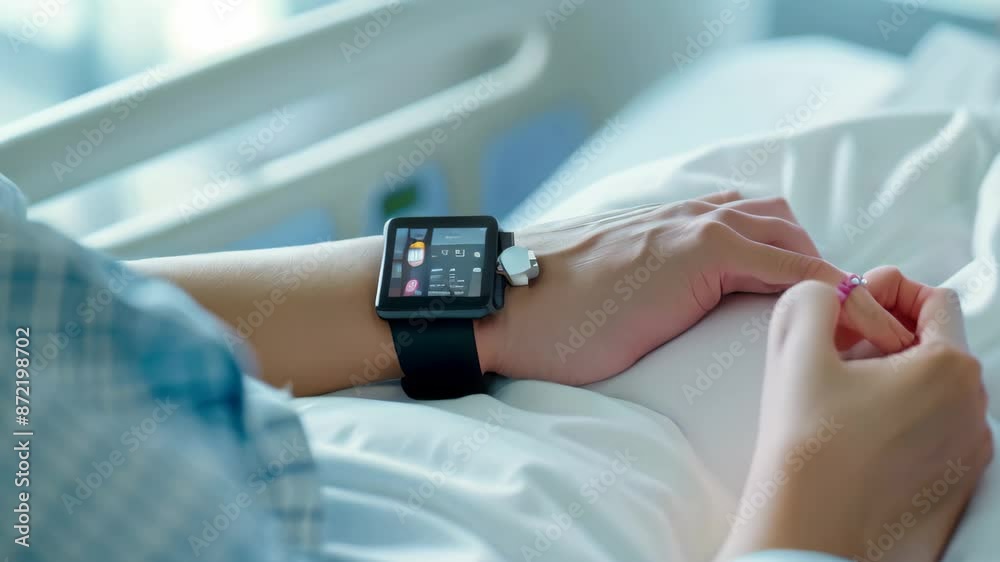 A woman lying in a hospital bed, wearing an Apple Watch on her wrist ...