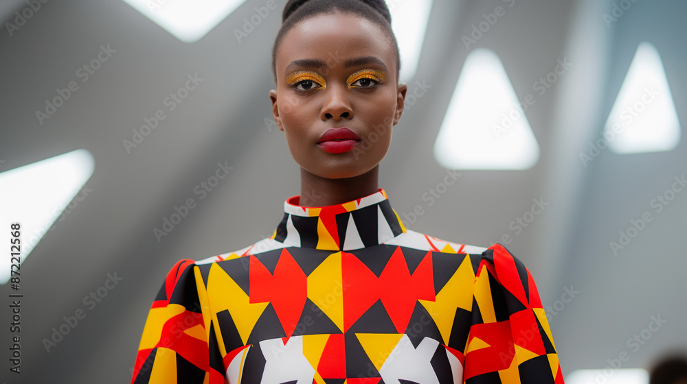 Fashion show, Radiant model in a bold geometric print dress flaunting ...