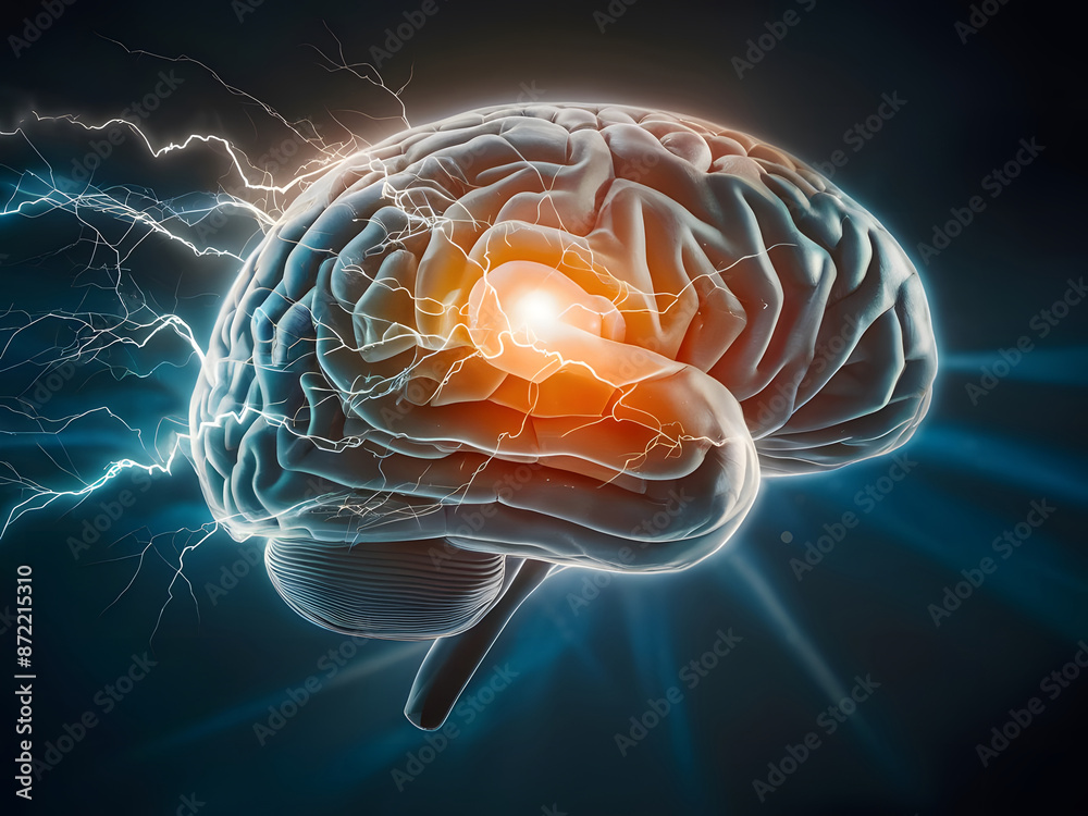 Cerebro humano iluminado con rayos Stock Photo | Adobe Stock