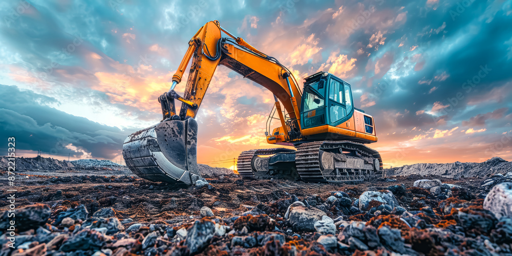 An excavator in action on a bustling construction site, showcasing ...