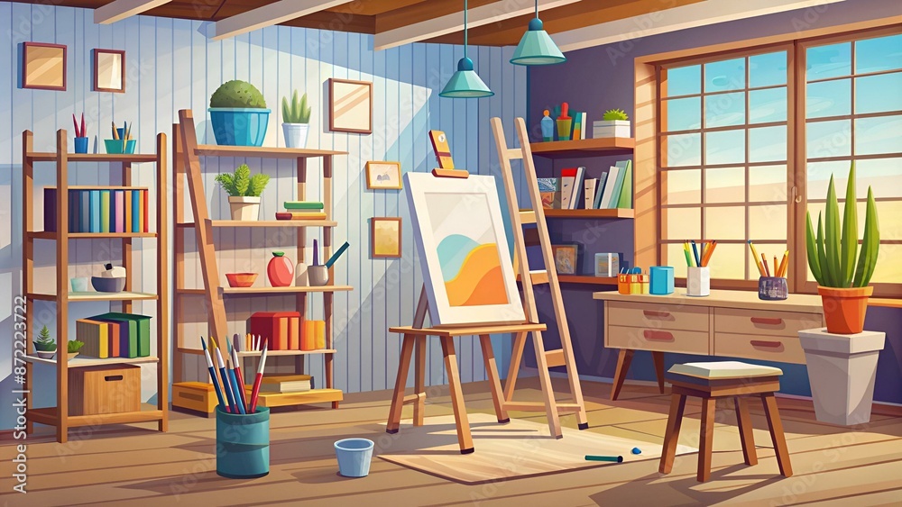 Art studio, painter room with canvas and brushes on easel, paints on ...