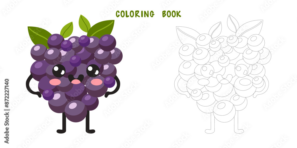Coloring book of groovy cartoon grape. Coloring page of happy cute ...