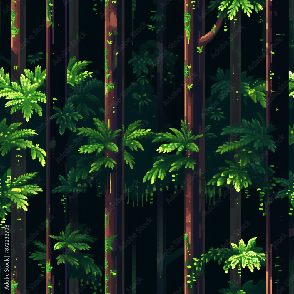 Seamless pixel art pattern of dense rainforest, with tall trees and ...