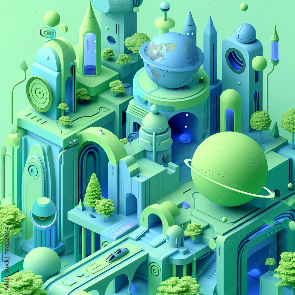 Illustrations of the earth with cities and landscapes, in the style of ...