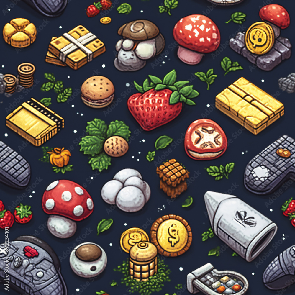 Seamless pixel art pattern of retro arcade game elements, featuring ...