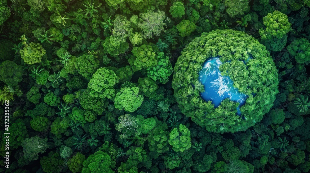 Aerial top view of green forest tree and global globe, Tropical rain ...