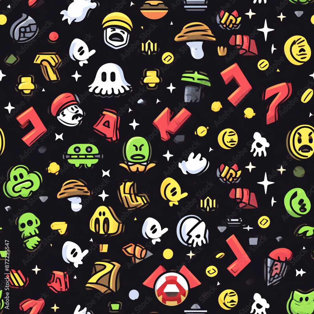 Seamless pixel art pattern of retro arcade game elements, featuring ...