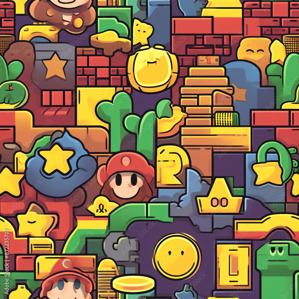 Seamless pixel art pattern of retro arcade game elements, featuring ...