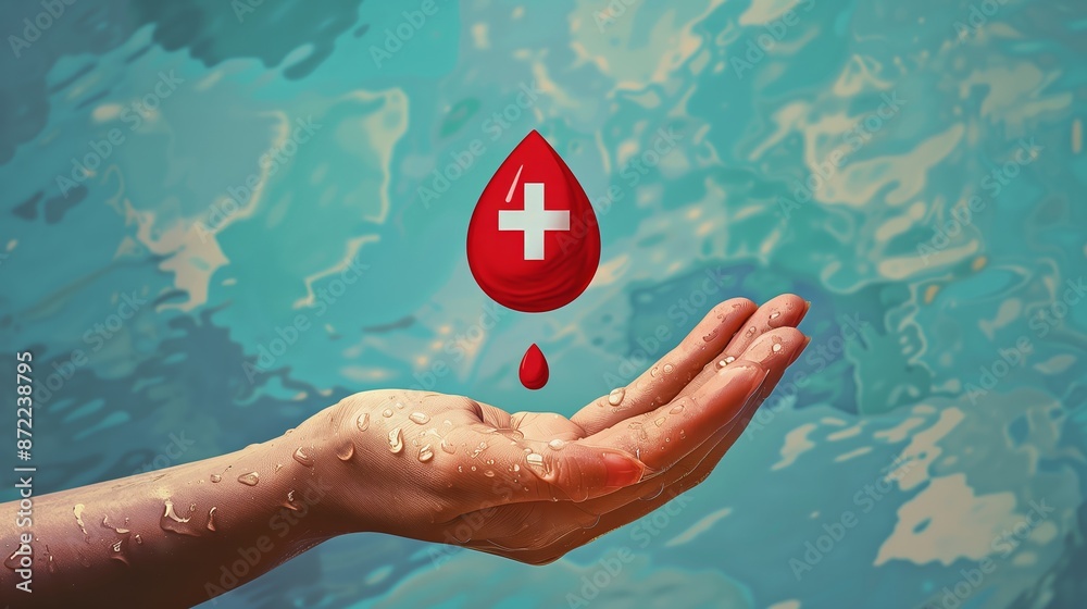 Hand holding blood drop with plus sign healthcare medical icon, give ...