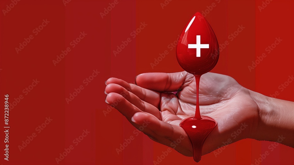 Hand holding blood drop with plus sign healthcare medical icon, give ...