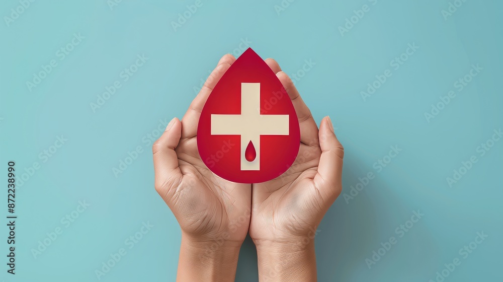 Hands holding blood drop with plus sign healthcare medical icon, give ...