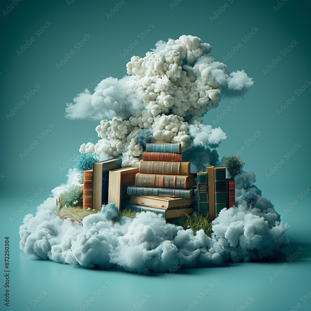 tiny world effect image with books as the subject, bright green ...