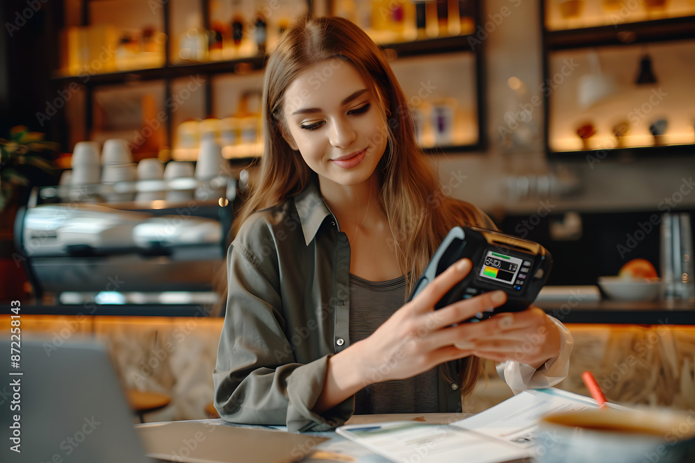 Young woman wear shirt hold bank payment terminal process acquire ...