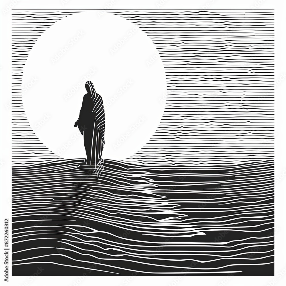 Jesus walks towards the light on the water. See a miracle. The concept ...