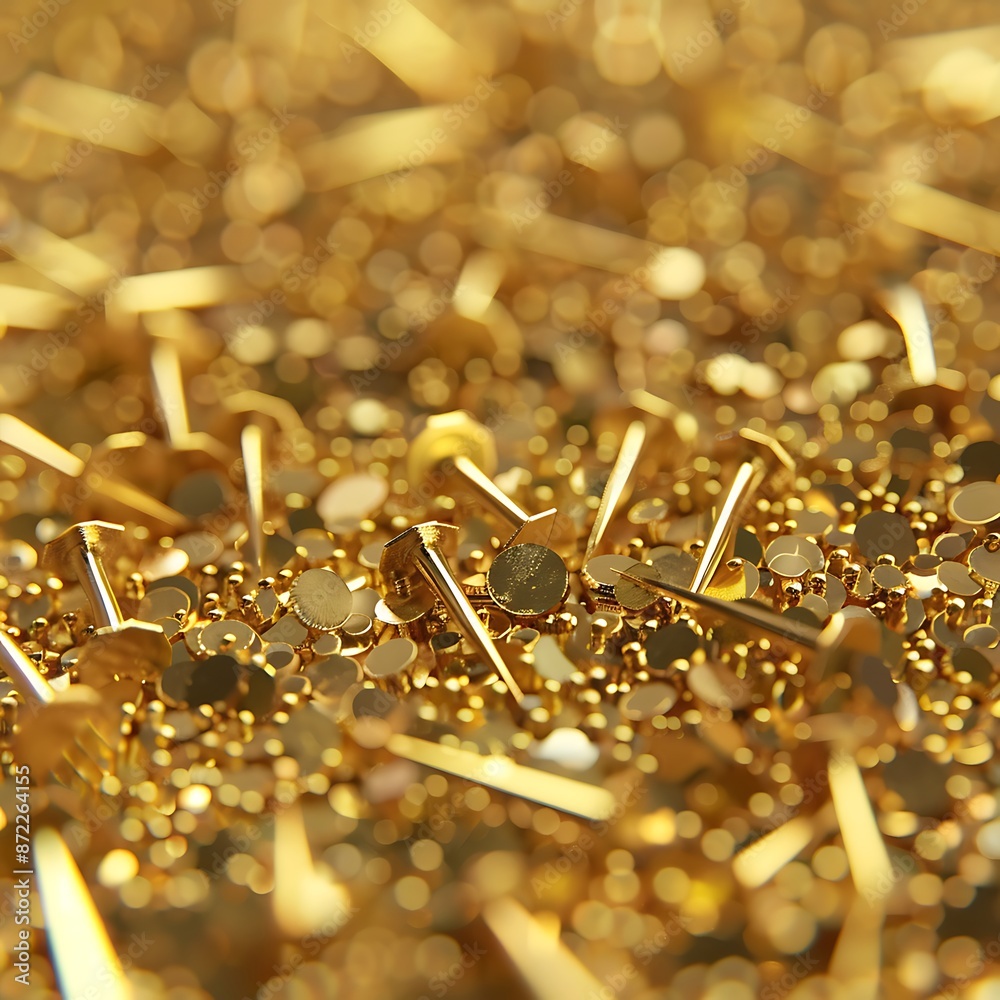 A set of golden thumbtacks scattered across a gold background. The shp ...