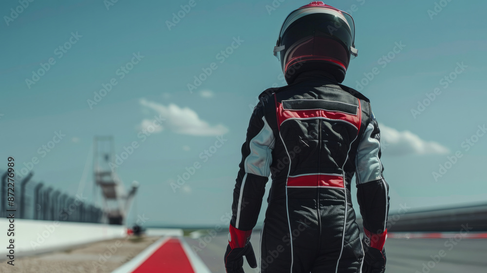 A race car driver in a red and black suit stands on a track, facing ...