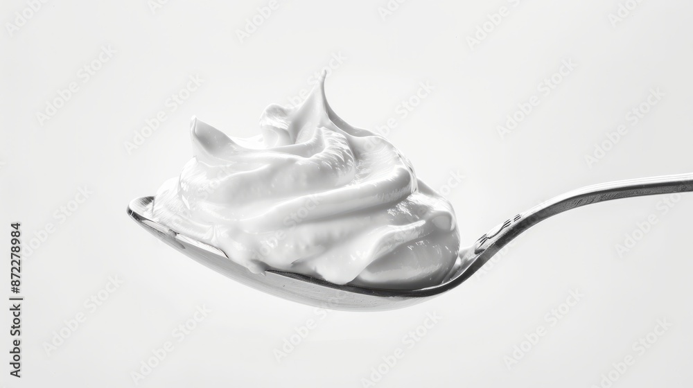 Whipped cream nicely curled on a spoon isolated on white background ...