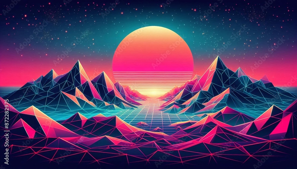 Low poly futuristic minimalist landscape with mountains and sunset. 80s ...