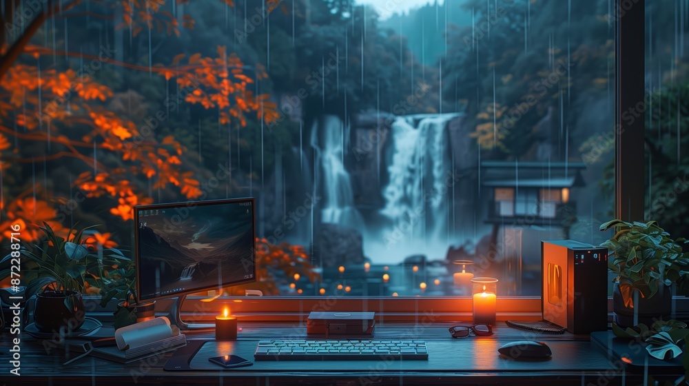Rainy Day Work Setup With Waterfall View Stock Illustration | Adobe Stock