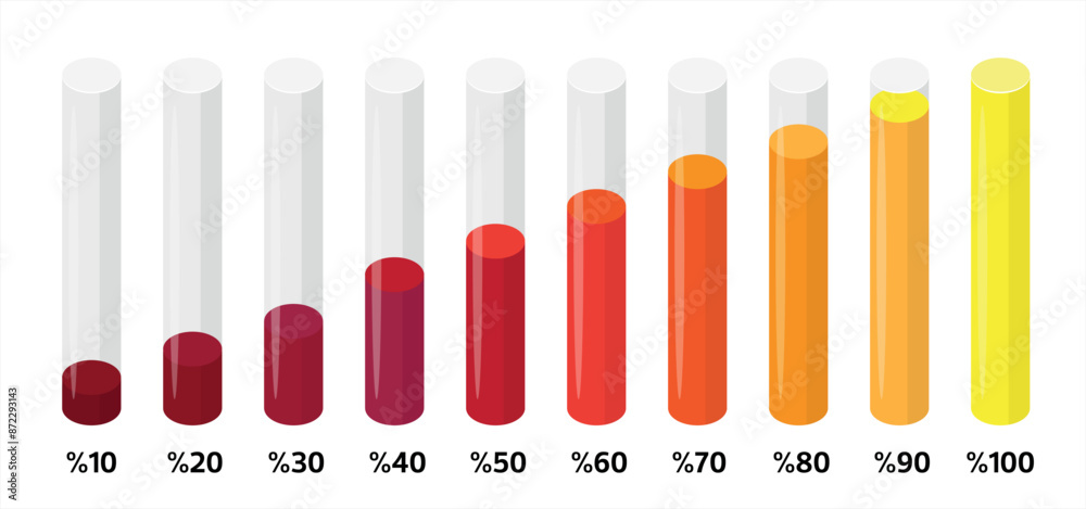 Blue gradient slim chart bars template, 10% to 100% number text. Flat ...