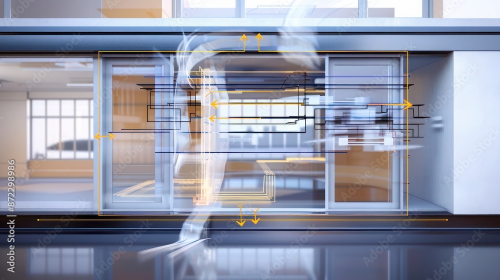 Simulation of a heat transfer through a multi-pane window, with arrows ...