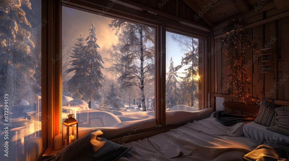 winter cabin with triple-glazed windows, illustrating how the interior ...