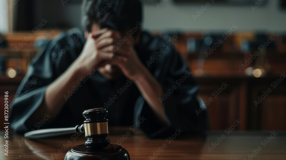 Courtroom stress. A close-up of a gavel in the foreground, with a ...