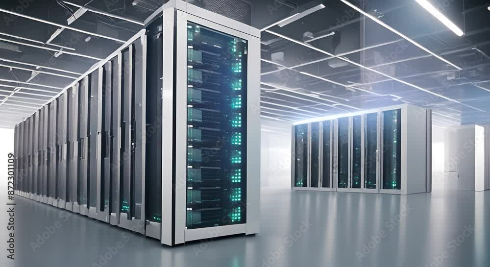 Hightech data center with server racks digital connections ...