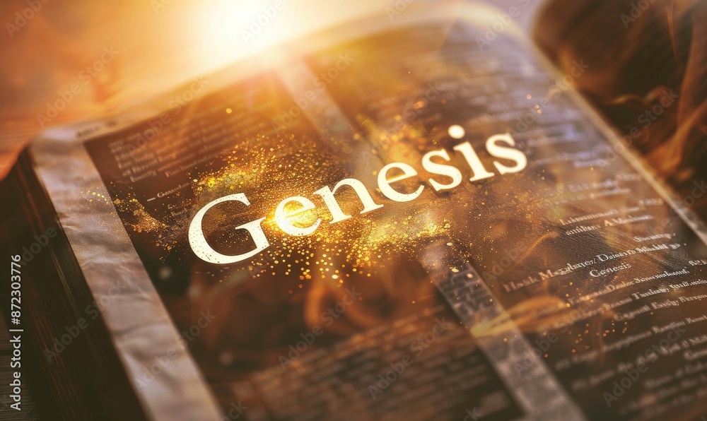 text "Genesis" made of golden light over an Open bible revealing the name of the book of the ...
