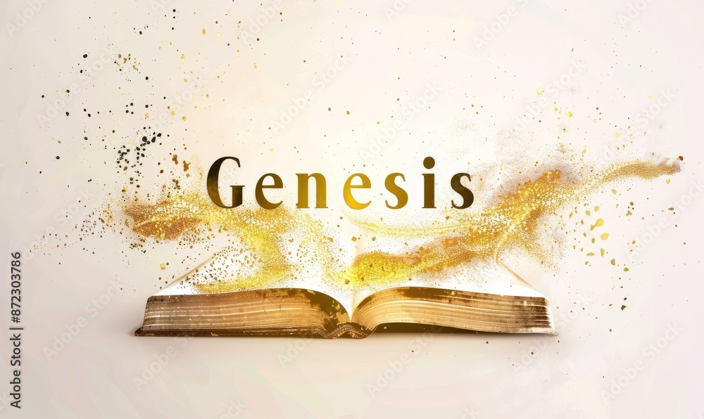 text "Genesis" made of golden light over an Open bible revealing the name of the book of the ...