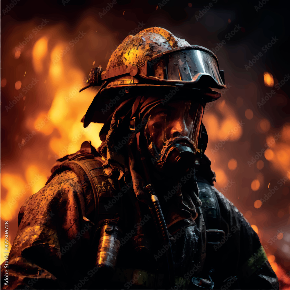 Fire rescuer in a helmet portrait. Portrait of a spatler in smoke and ...