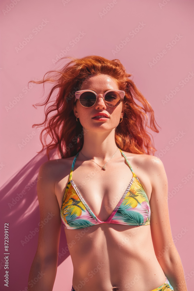 stylish redhead woman in vibrant bikini with sunglasses relaxing on a tropical beach Stock ...