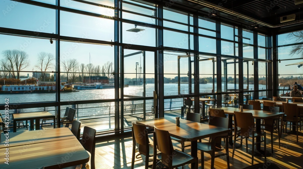 waterfront cafe with energy-efficient windows that provide a panoramic ...