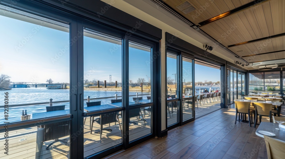 waterfront restaurant with energy-efficient sliding glass doors and ...