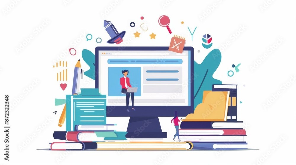 An illustration showing digital learning with students surrounded by ...