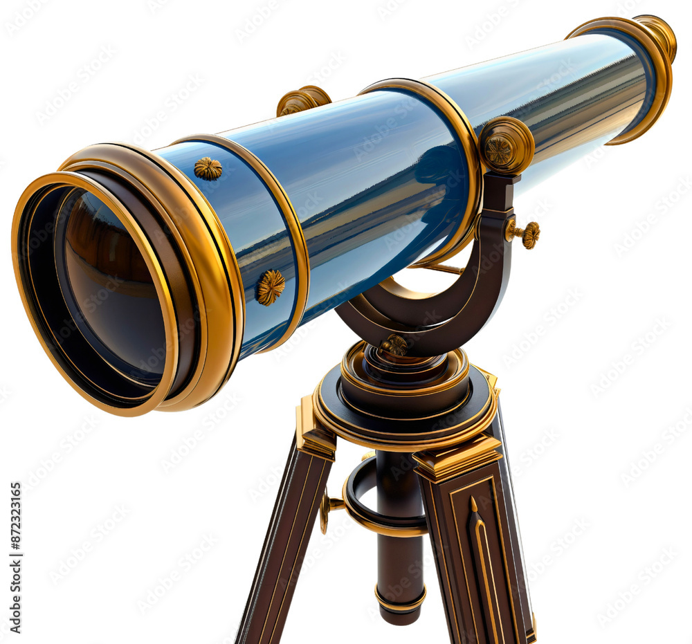 Closeup of shiny blue and golden telescope with glass eyepiece object ...