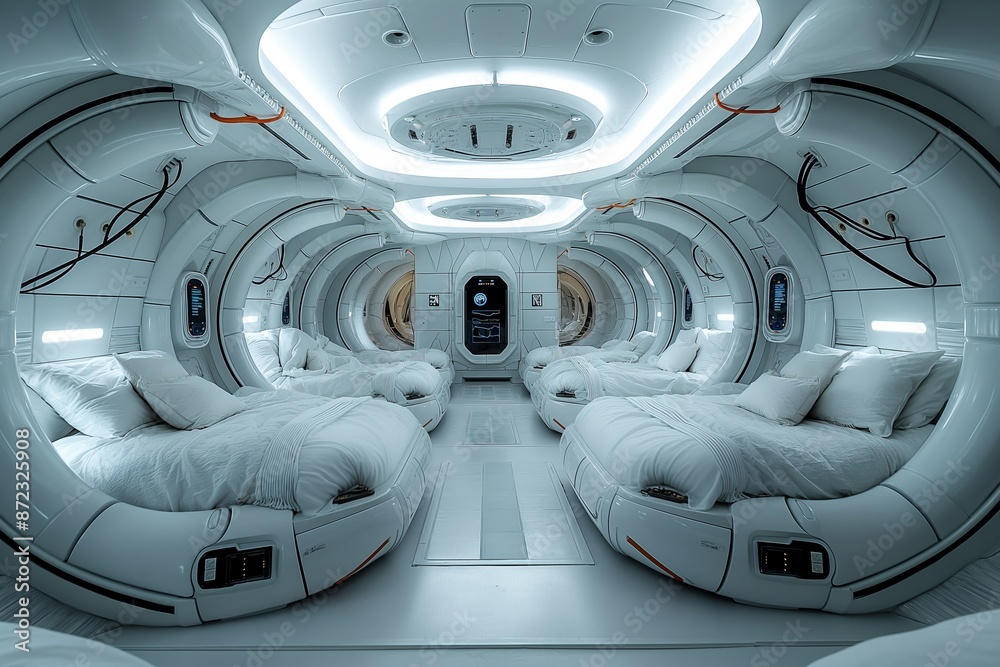 The interior of a conceptual spaceship depicting a sleeping area with ...