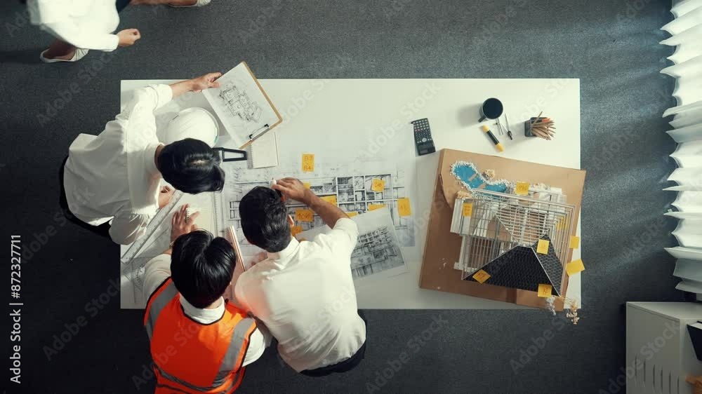 Top down view of skilled architect engineer working together to plan ...