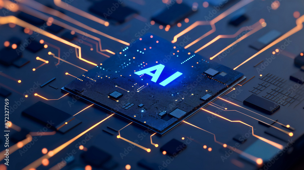 AI artificial intelligence blue text on CPU processor microchip on a ...