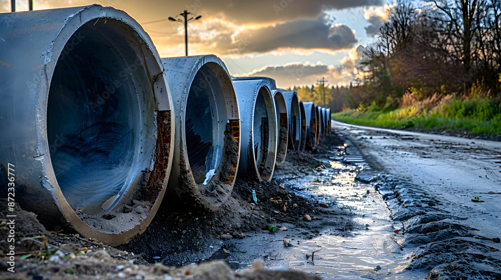 Concrete drainage pipe system installation on road sides for urban ...