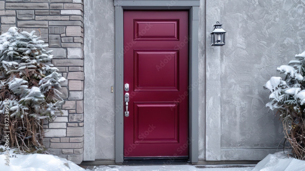 rich maroon door with a glossy finish on a grey stucco house, adding ...