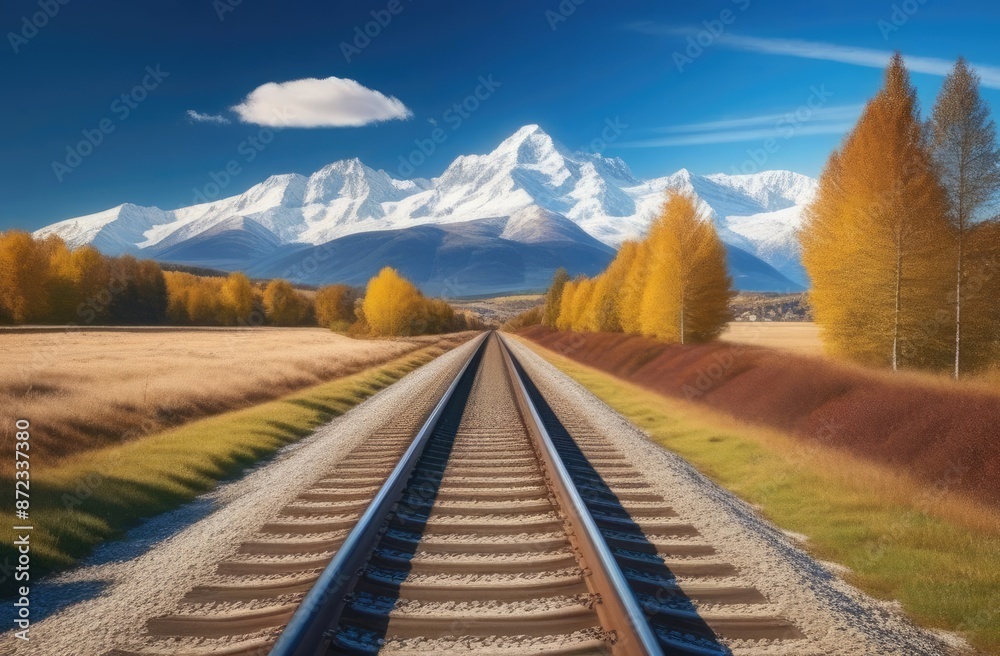 Banner. Empty train tracks run down the center of the frame towards a stunning mountain ...
