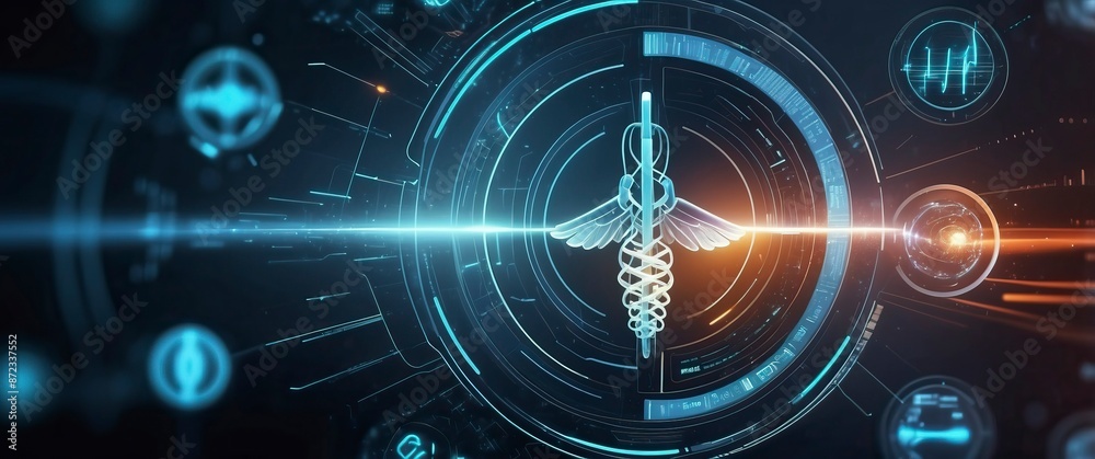 Futuristic digital health concept featuring a glowing caduceus symbol ...