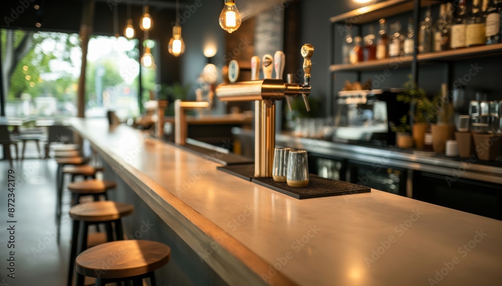 This image captures a contemporary bar counter featuring a sleek design ...
