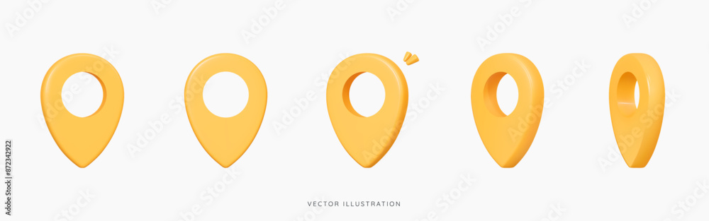 3D Yellow location pin in different rotations. Navigation mark. Golden ...