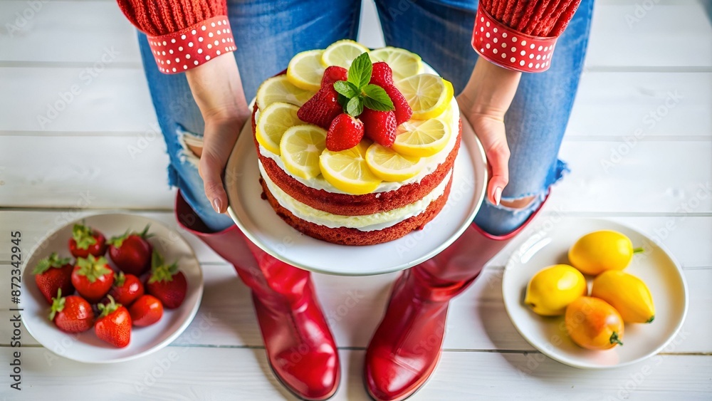 Modelo femenina en botas rojas y denim sosteniendo torta red velvet ...