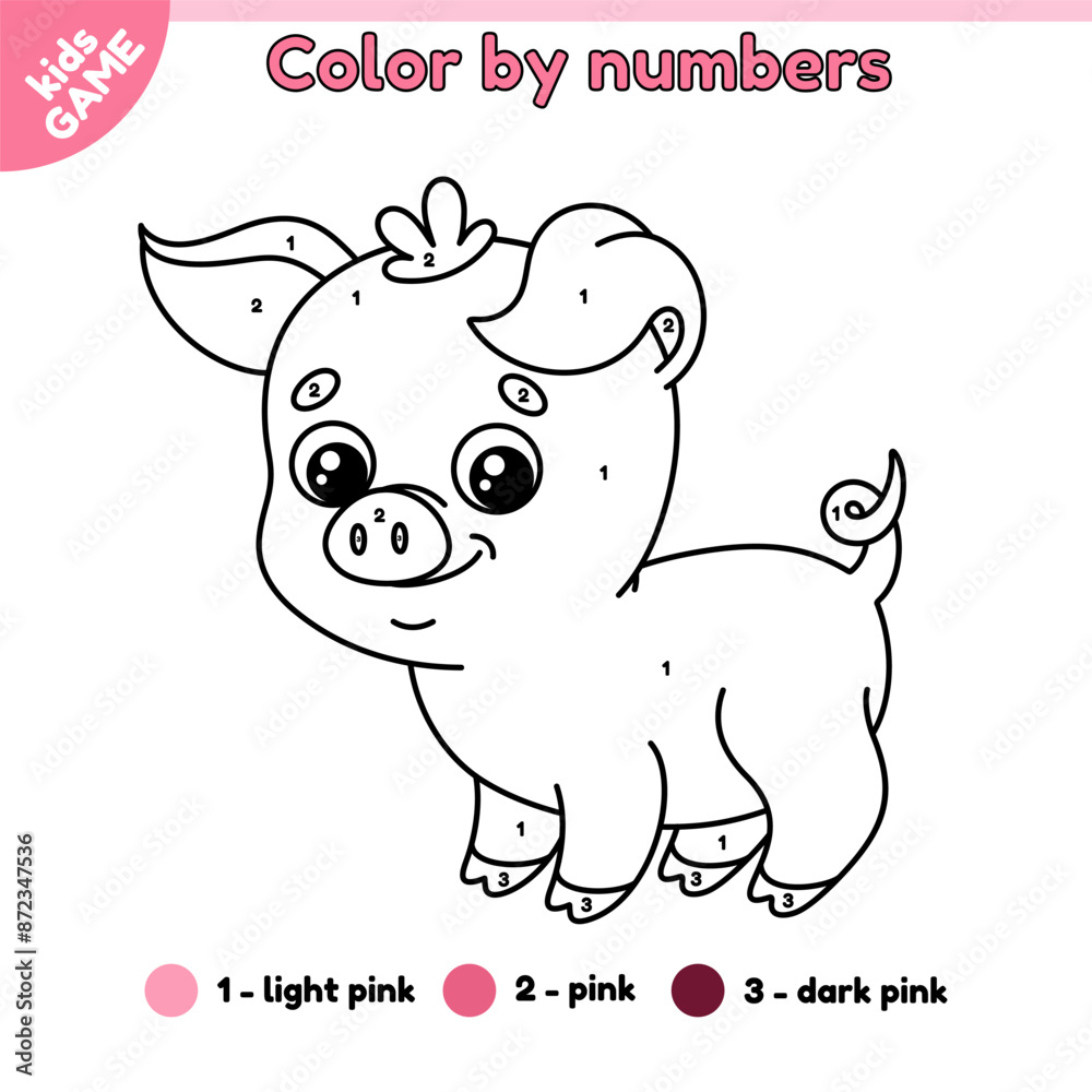 Kids game Color by numbers with cartoon farm piglet. Page of the ...