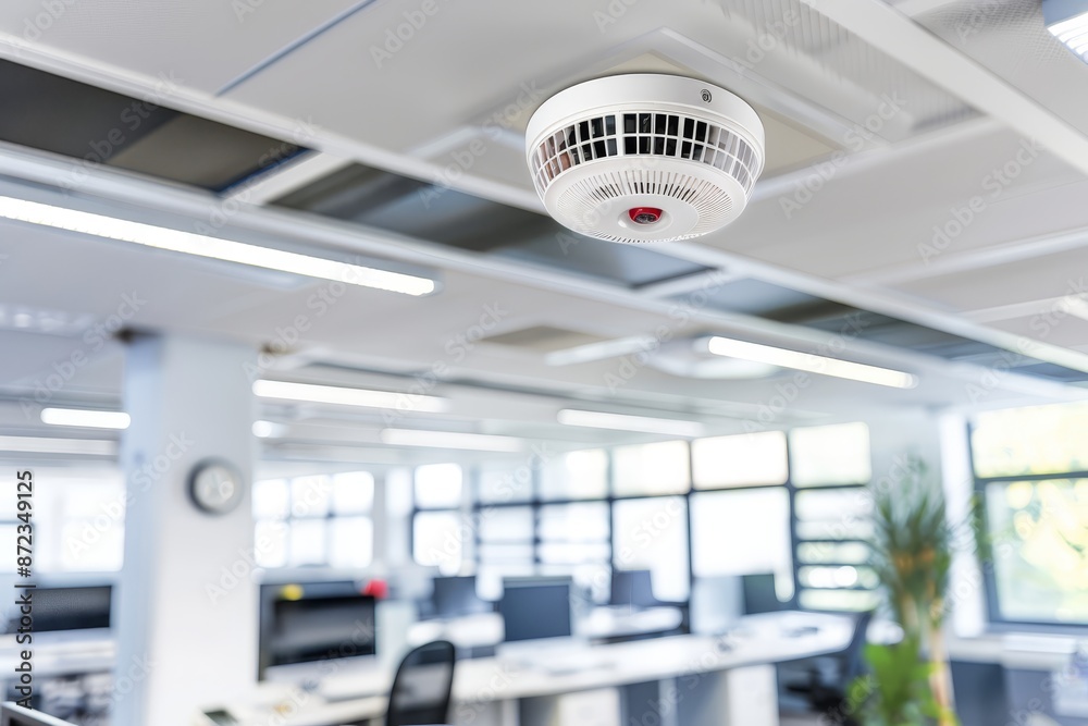 Modern smoke detector installed in an office ceiling, highlighting ...